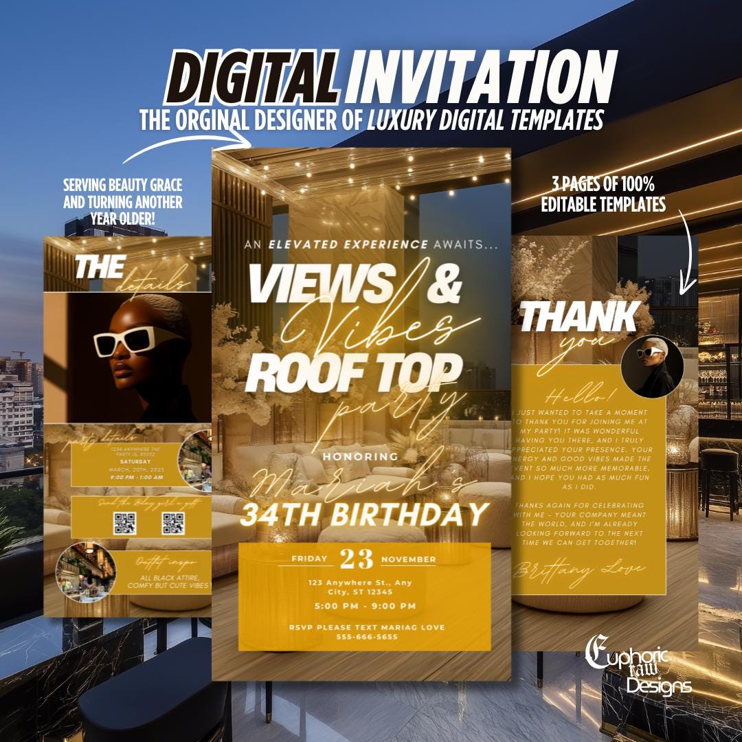 Rooftop Birthday Dinner Invitation, Brunch Event Itinerary, Dinner ...