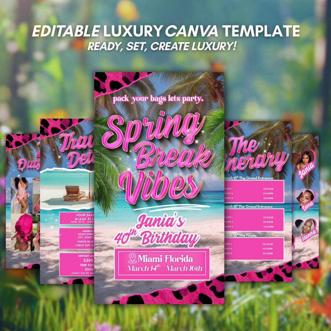 Spring Break Girls Vibes Summer Getaway Itinerary Pink, Editable Travel ...