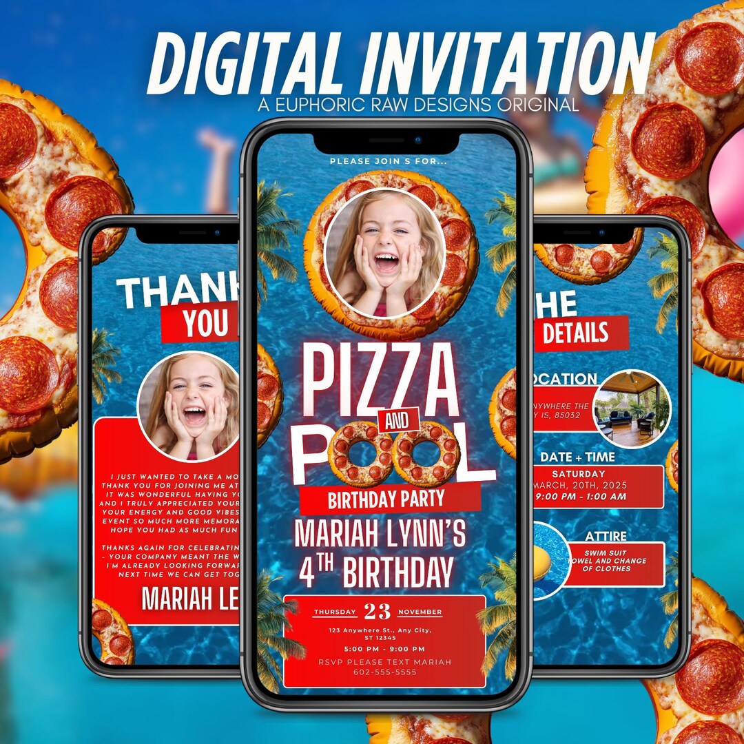 Digital Pizza Pool Party Invitation, Editable Itinerary for Girls ...