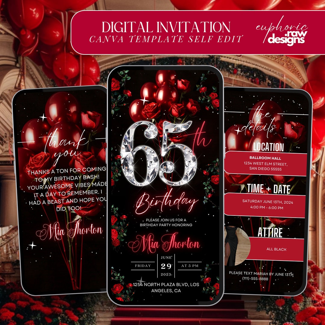 Floral 65th Birthday Invitation, Red Roses Diamonds, Editable Digital ...