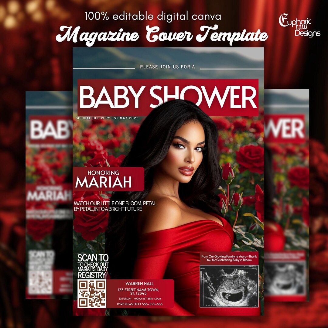 Baby Shower Magazine Cover Invitation: Red Floral, Editable Canva ...