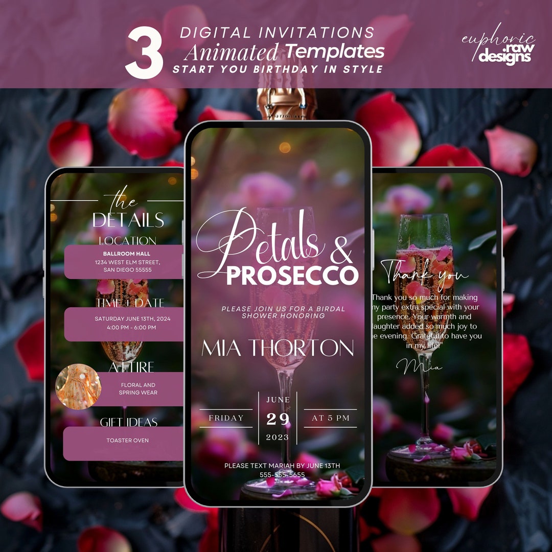 Digital Petals and Prosecco Bridal Shower Brunch Invitation, Champagne ...