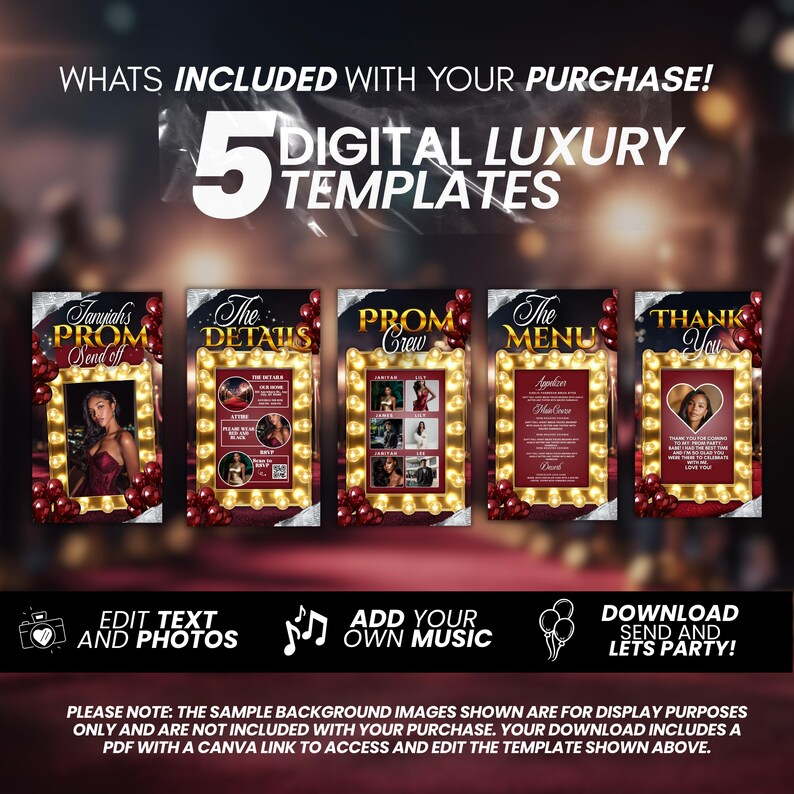Prom Invitation & Itinerary Luxury Bundle, Maroon Gold Diamond Girl ...