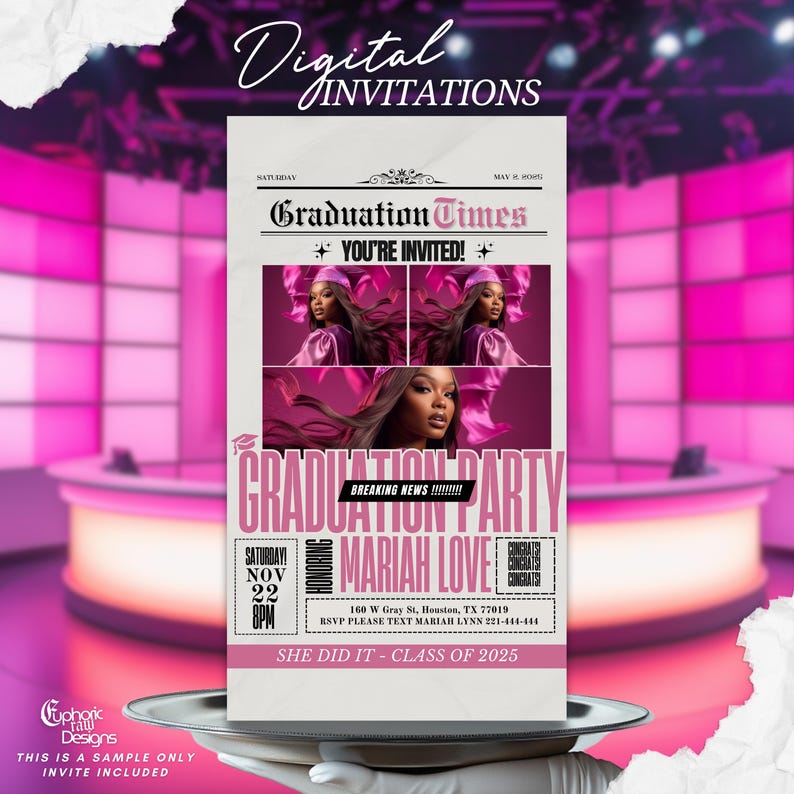 Pink Newspaper Graduation Party Invitation, Editable Digital Template ...
