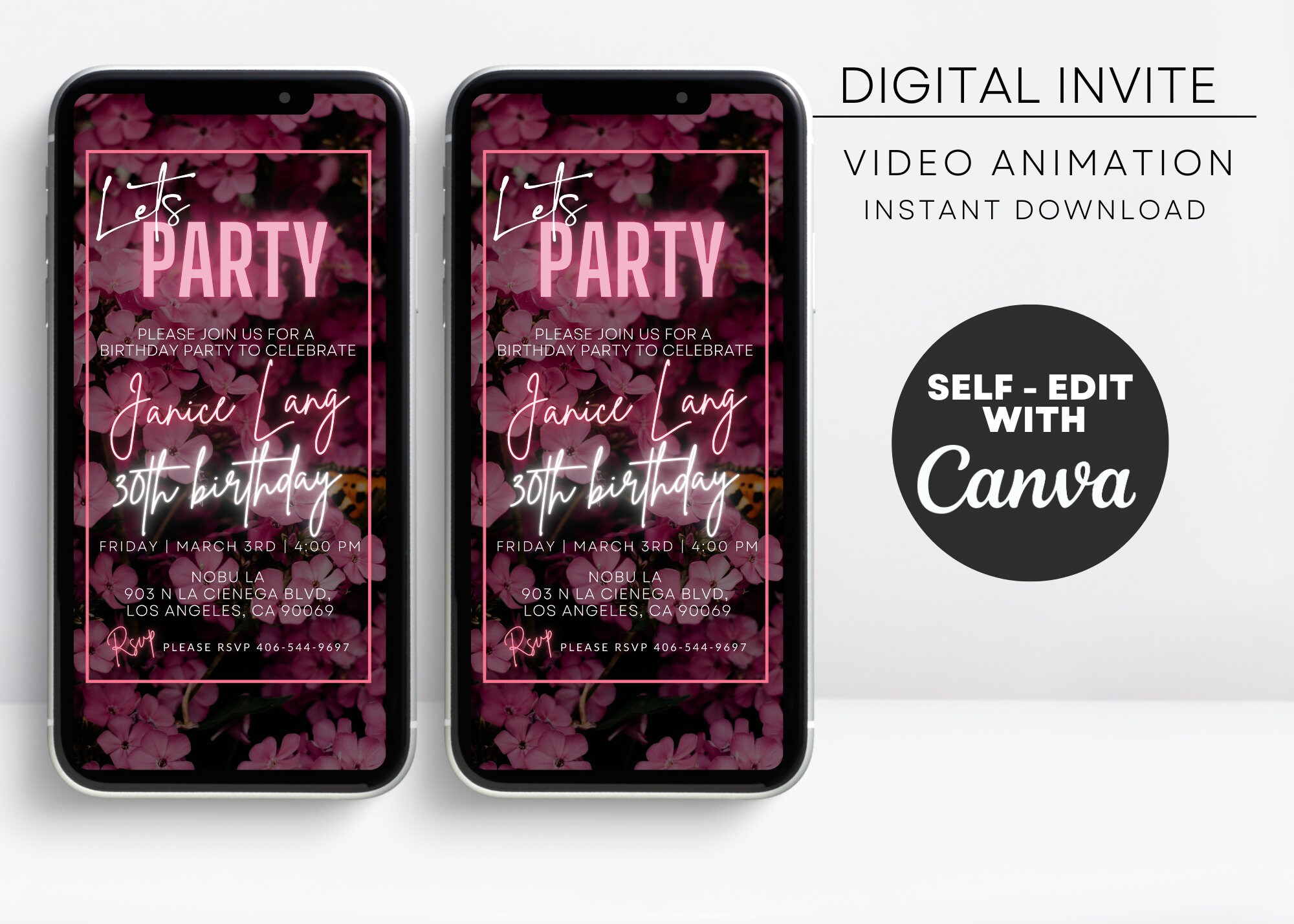 Pink Floral Digital Birthday Invite Birthday Party - Etsy