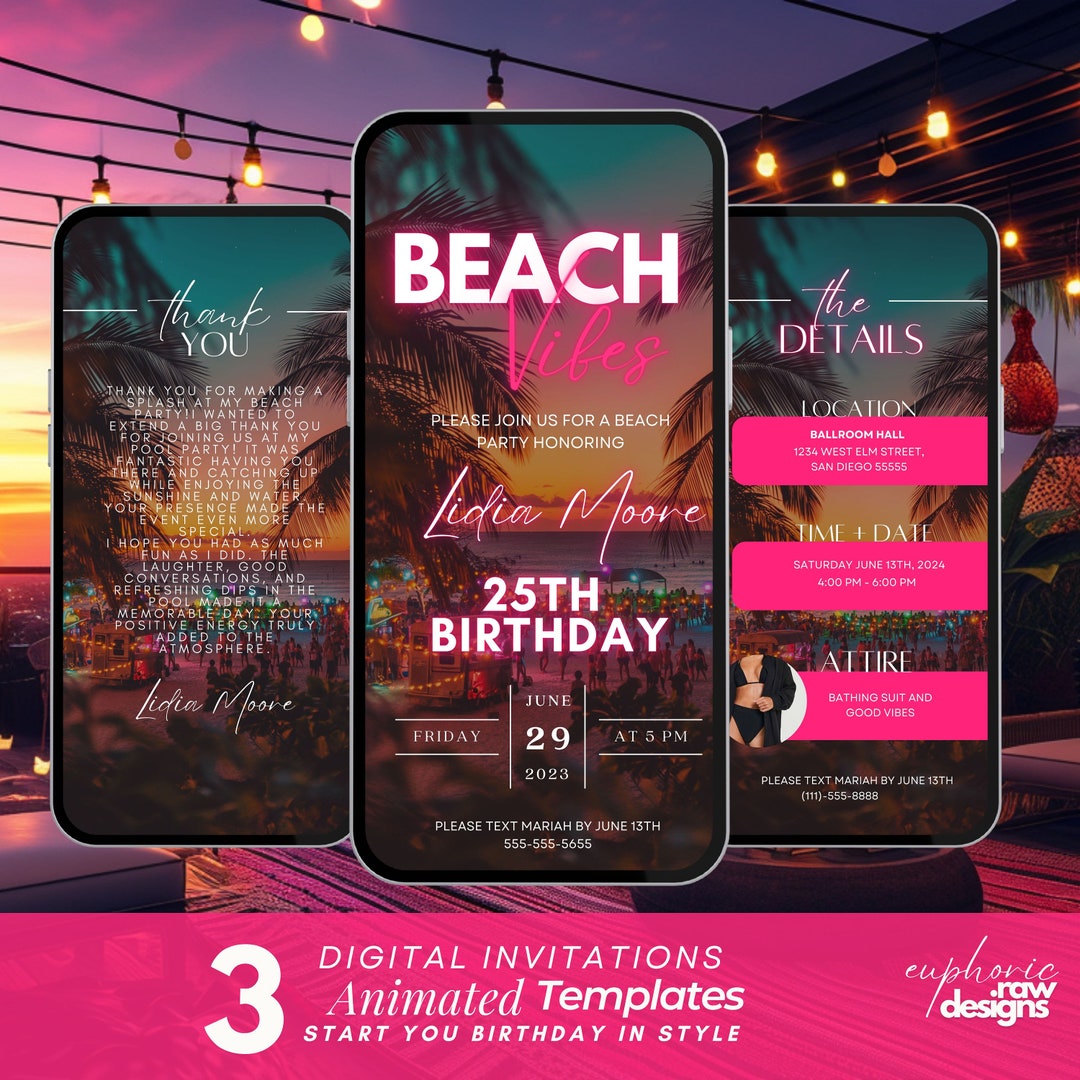 Beach Birthday Party Invitation, Digital Summer Vibes, Beach Bonfire ...