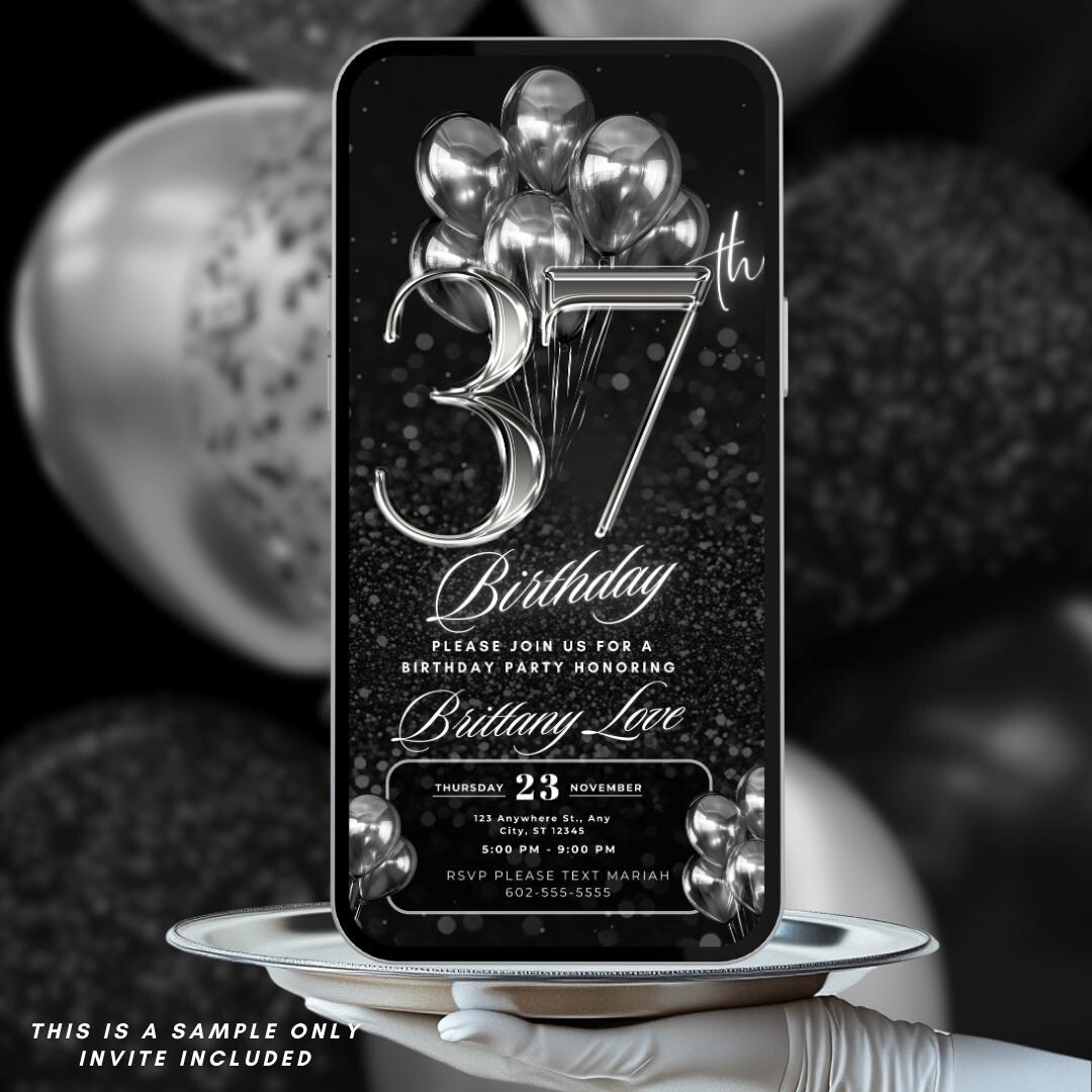 Digital 37th Birthday Party Invitation, Men Black Silver 37th Dinner ...