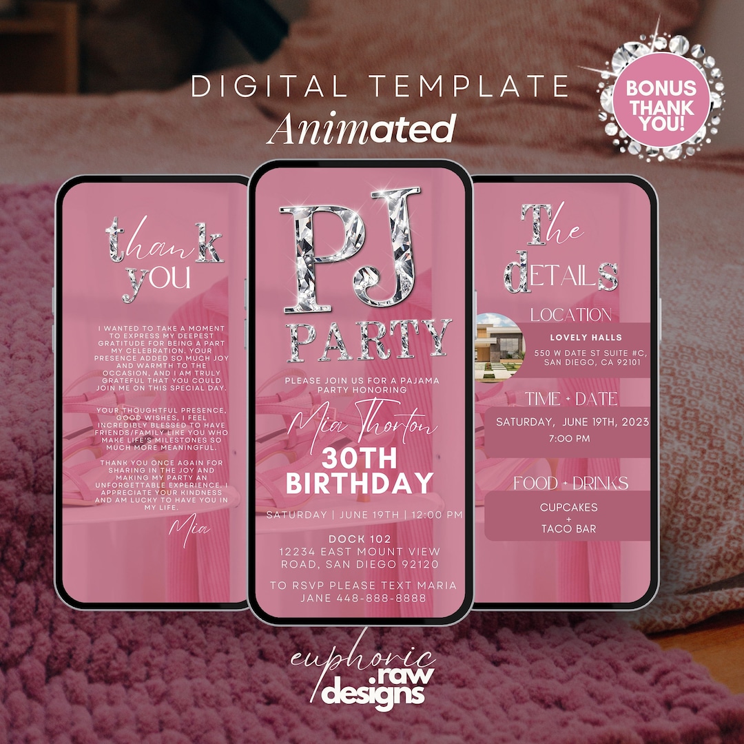 Adult Pajama Party Invite, Animated Birthday Invite Mobile, Night in ...