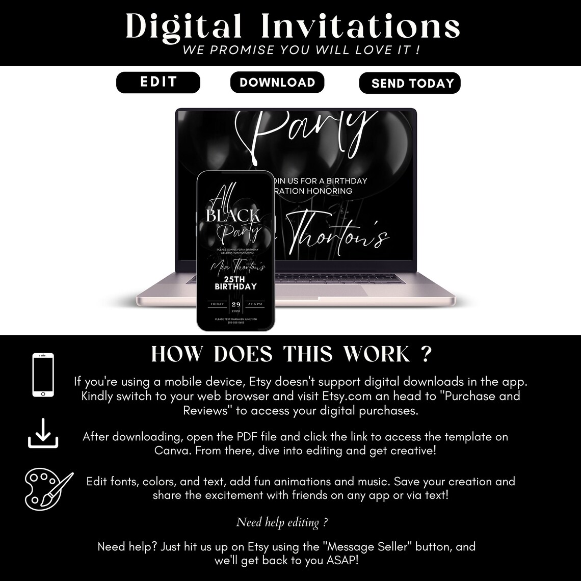 All Black Birthday Party Invitation, Birthday Dinner, Birthday Brunch ...
