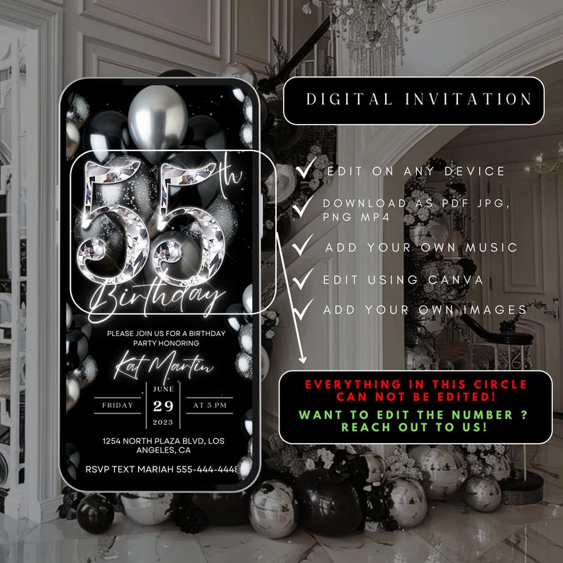 55th Birthday Invitation, Black Silver Balloons Diamonds, Editable ...