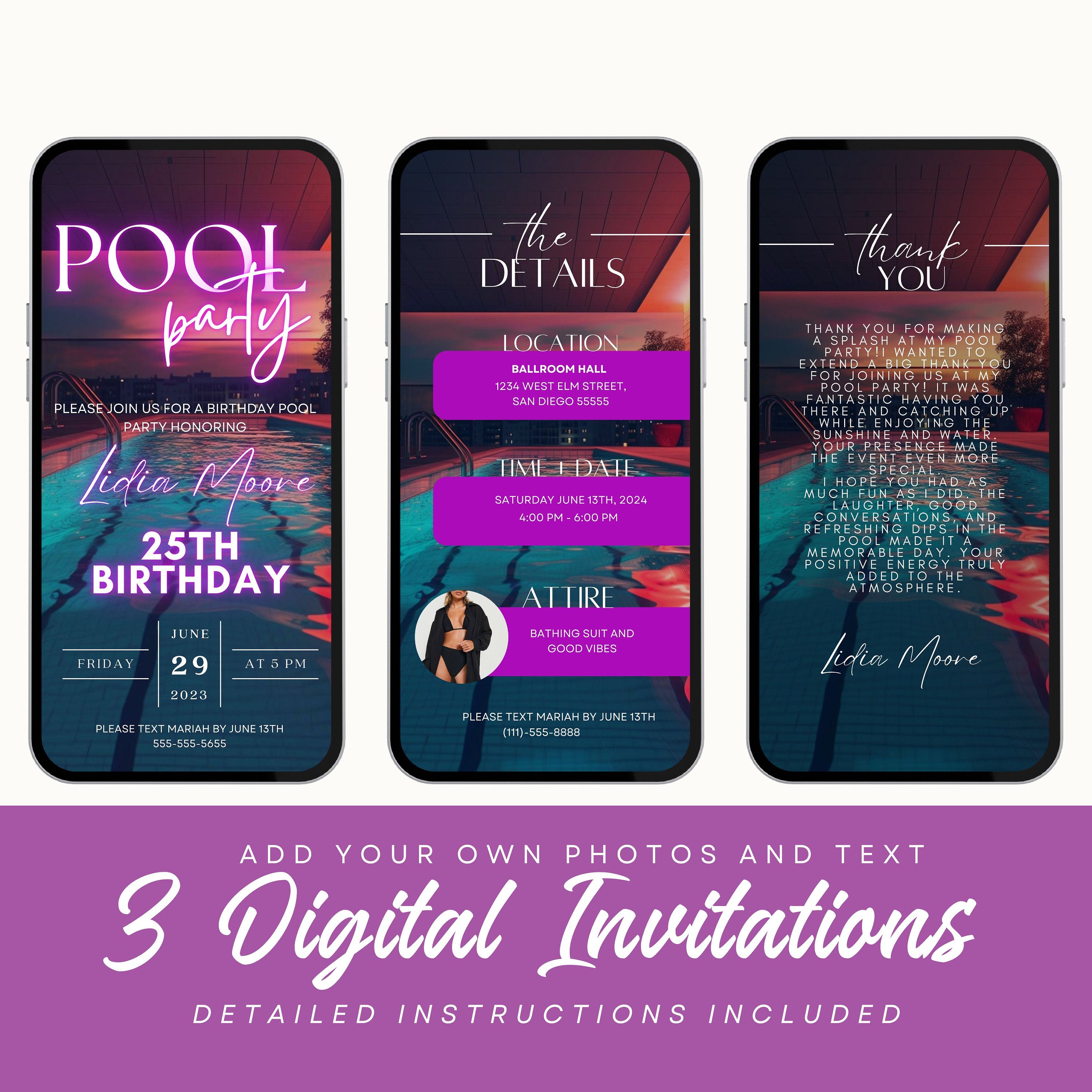 Pool Birthday Invitation, Digital Swimming Party Itinerary, Bbq Event ...