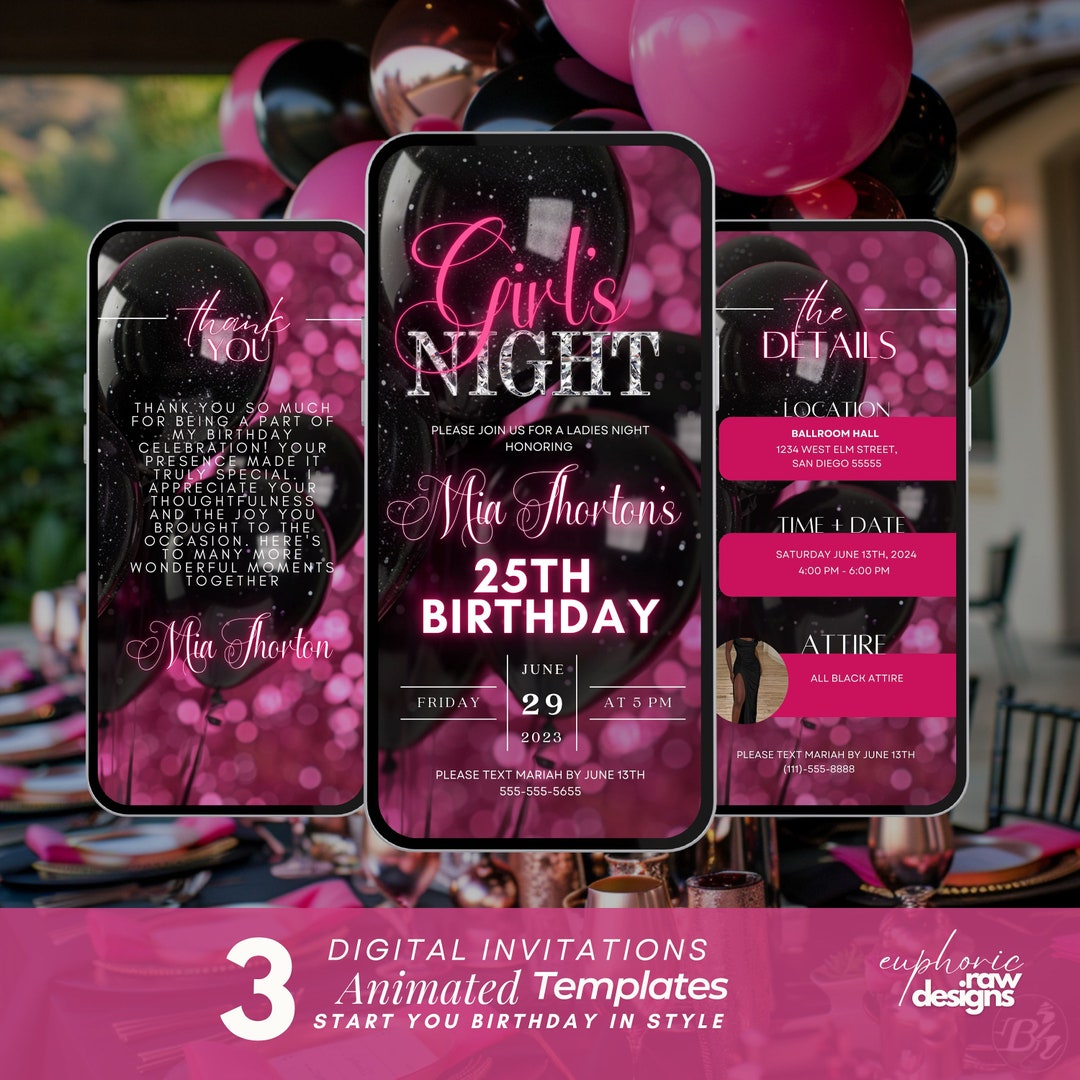 Digital Girl's Night Invitation, Animated Neon Hot Pink Birthday Invite ...