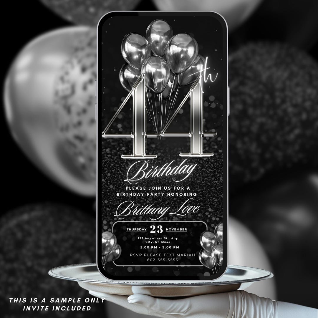 Digital 44th Birthday Party Invitation, Men Black Silver 44th Dinner ...