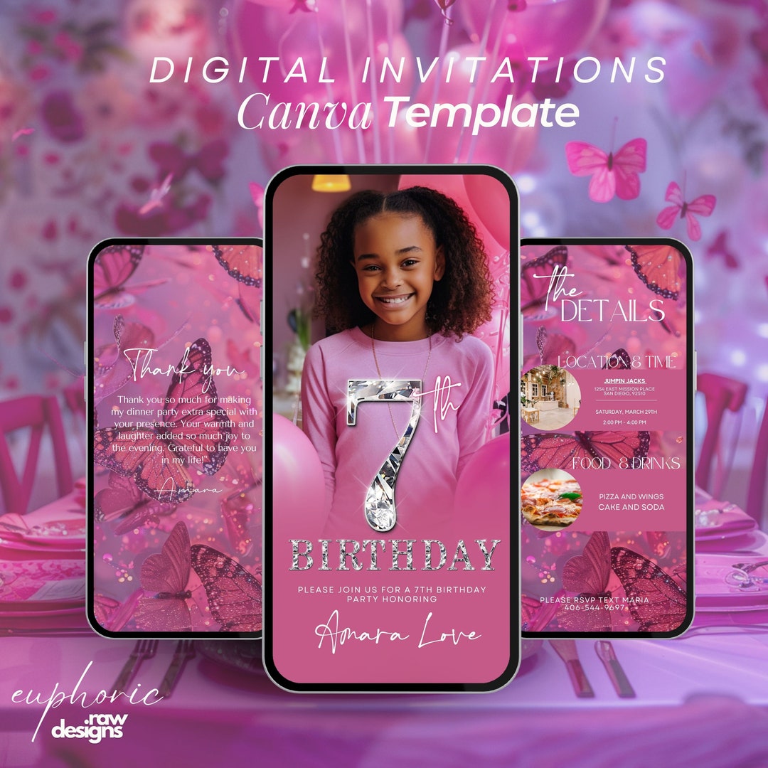 7th Birthday Party Invitation, Neon Pink and Glitter Template, Seventh ...