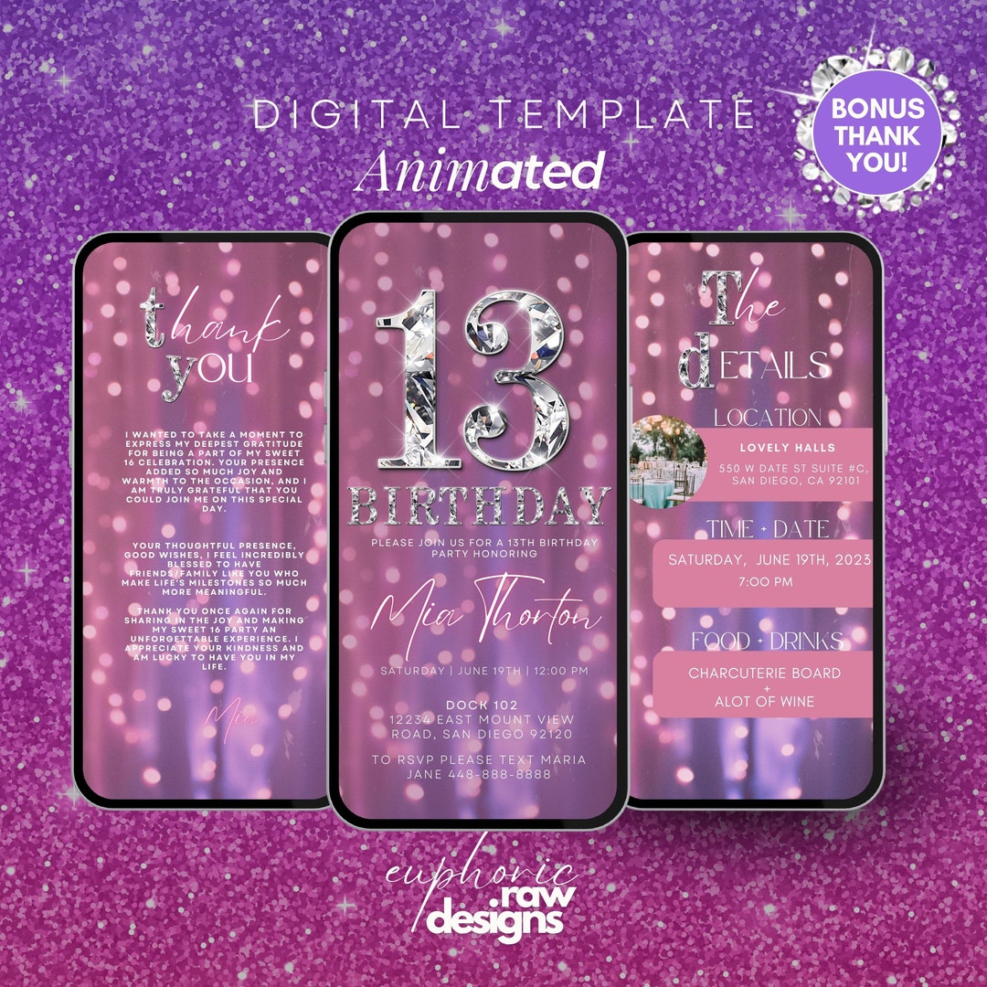 13th Birthday Invitation, Animated 13th Party Invite, 13th Invite ...