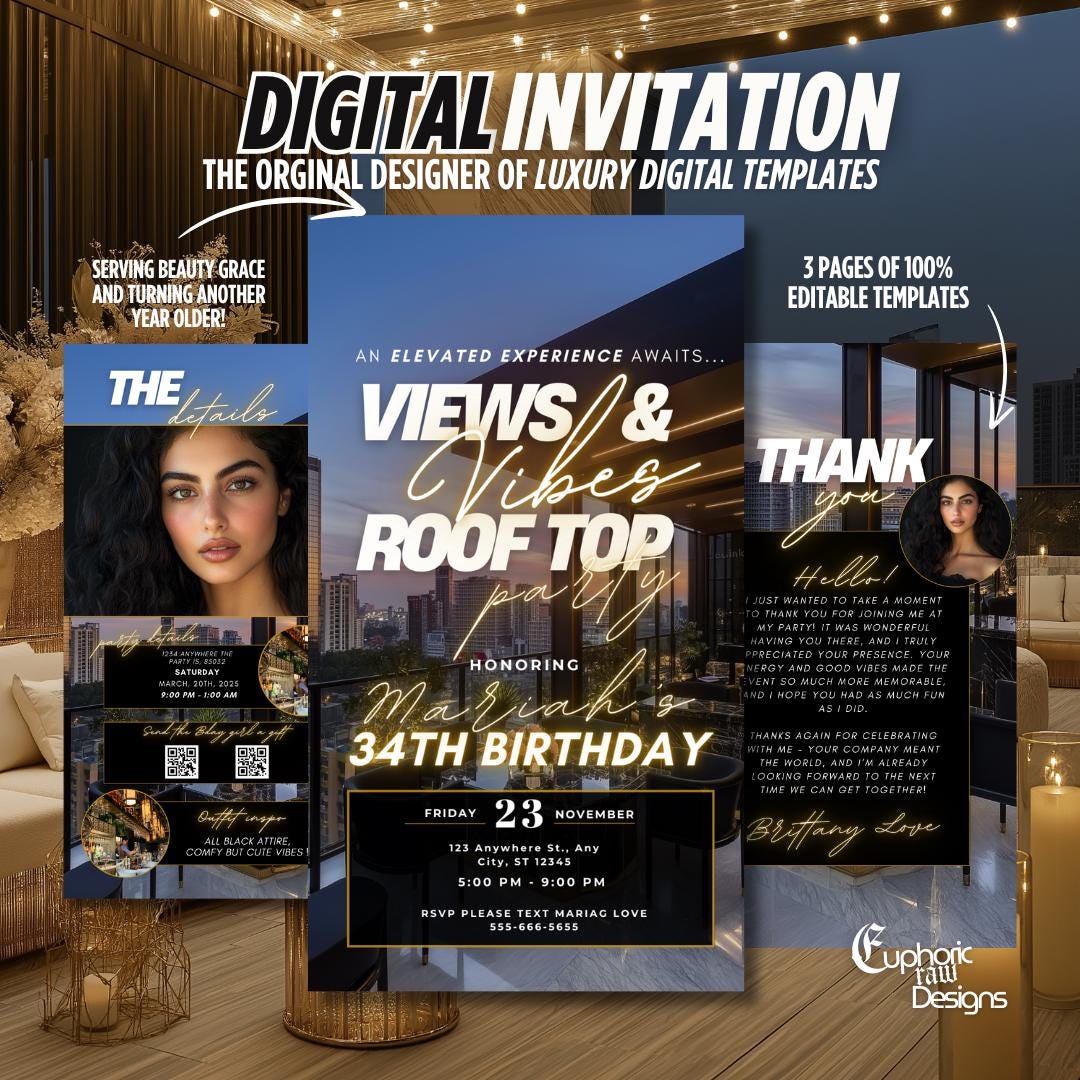 Rooftop Birthday Dinner Invitation, Brunch Event Itinerary, Dinner ...