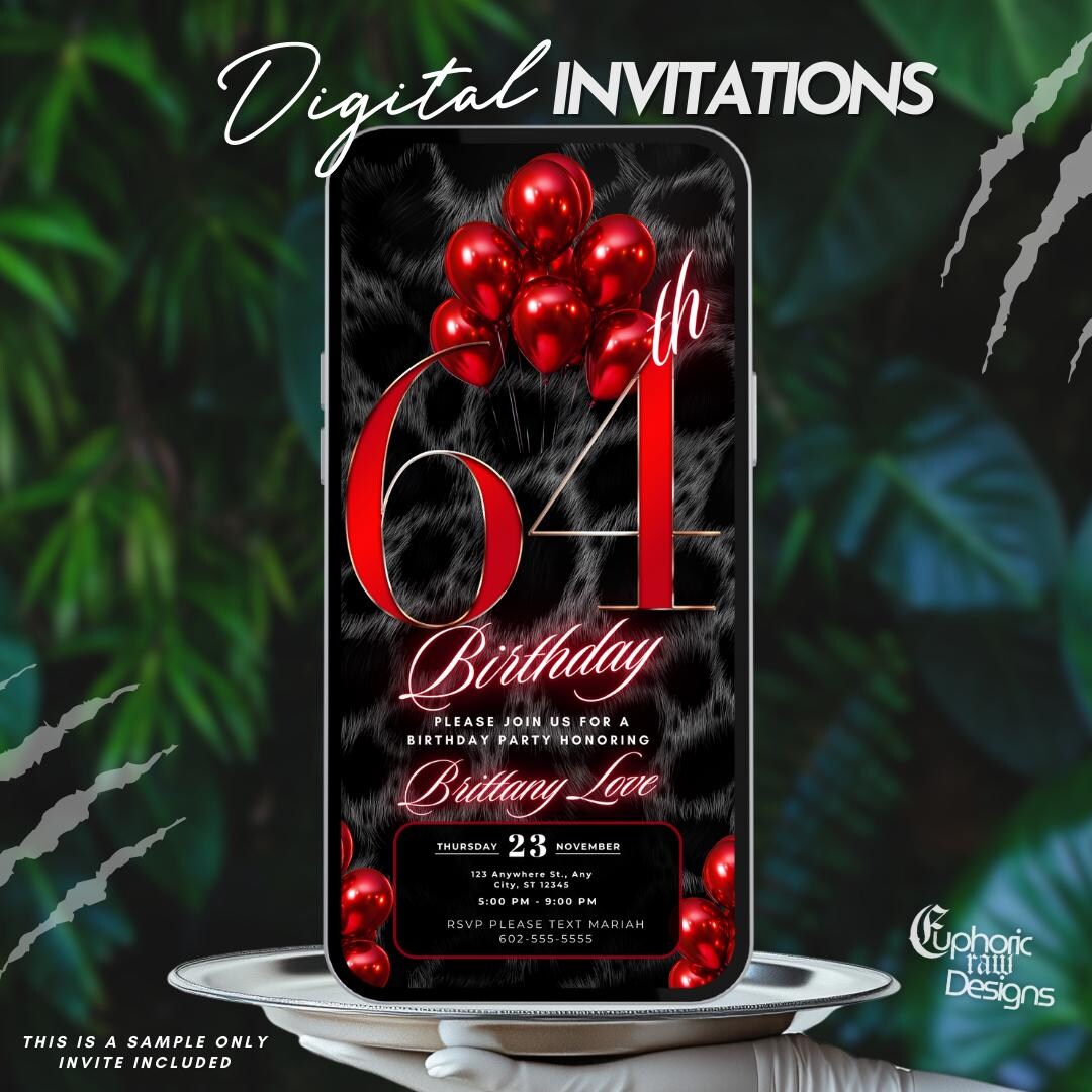 Digital Red Leopard 64th Birthday Party Invitation, Editable Digital ...