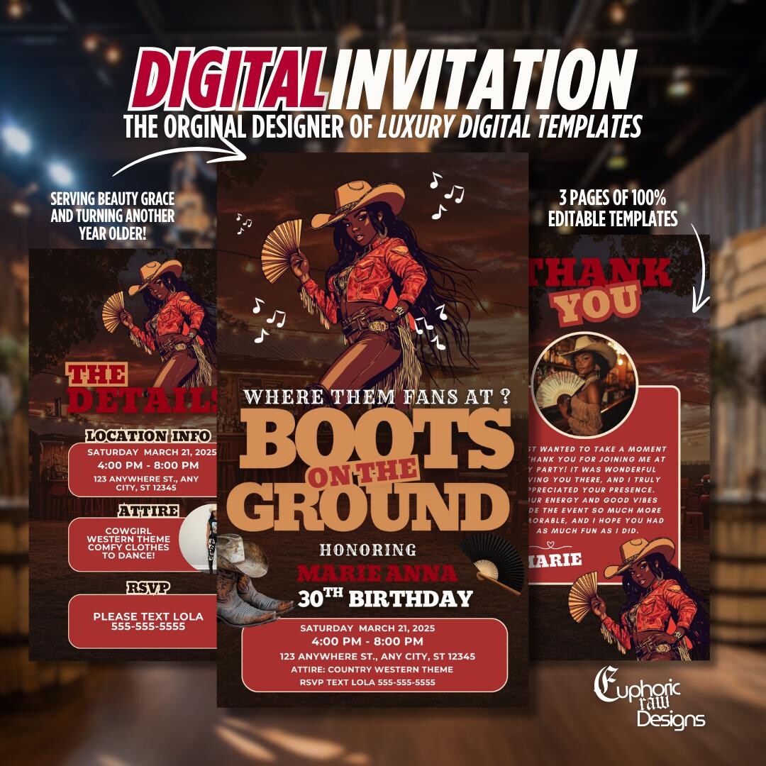 Boots on the Ground Cowgirl Invite, Editable Western Birthday Template ...