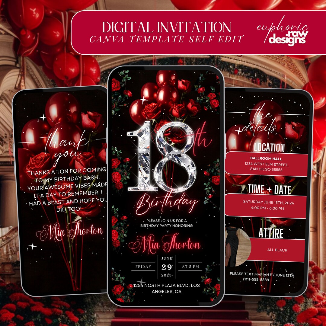 Floral 18th Birthday Invitation, Red Roses Diamonds, Editable Digital ...