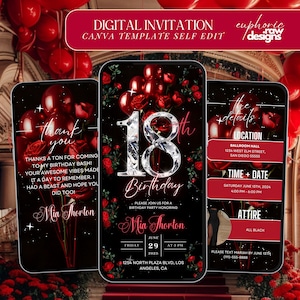 Floral 18th Birthday Invitation, Red Roses Diamonds, Editable Digital ...