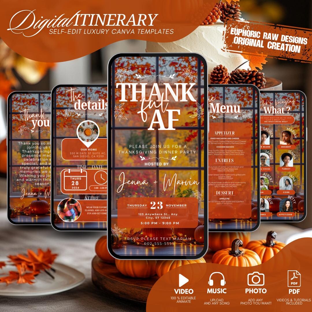 Digital Friendsgiving Dinner Invitation, Thankful AF Fall Pumpkin Party ...
