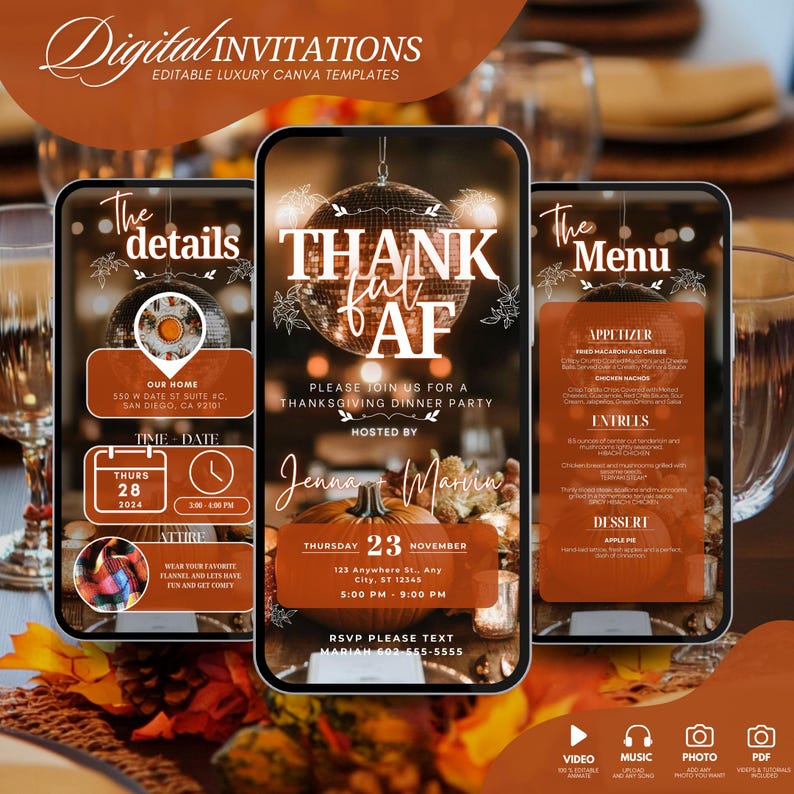 Digital Friendsgiving Dinner Invitation, Thankful AF Fall Pumpkin Party ...