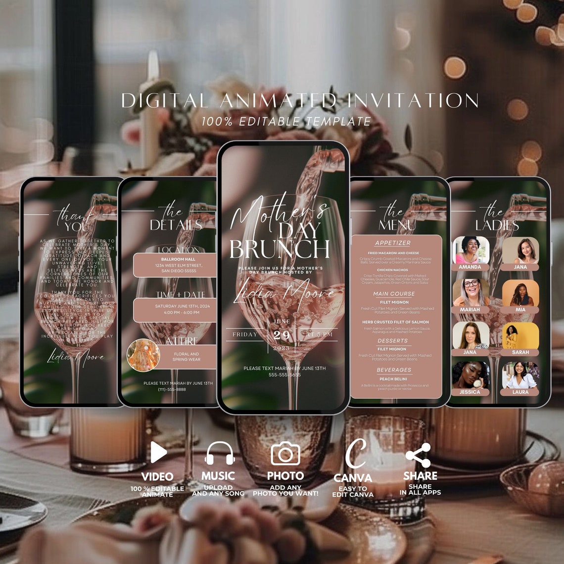 Mother’s Day Brunch Invite, Boho Floral Digital Event Itinerary ...