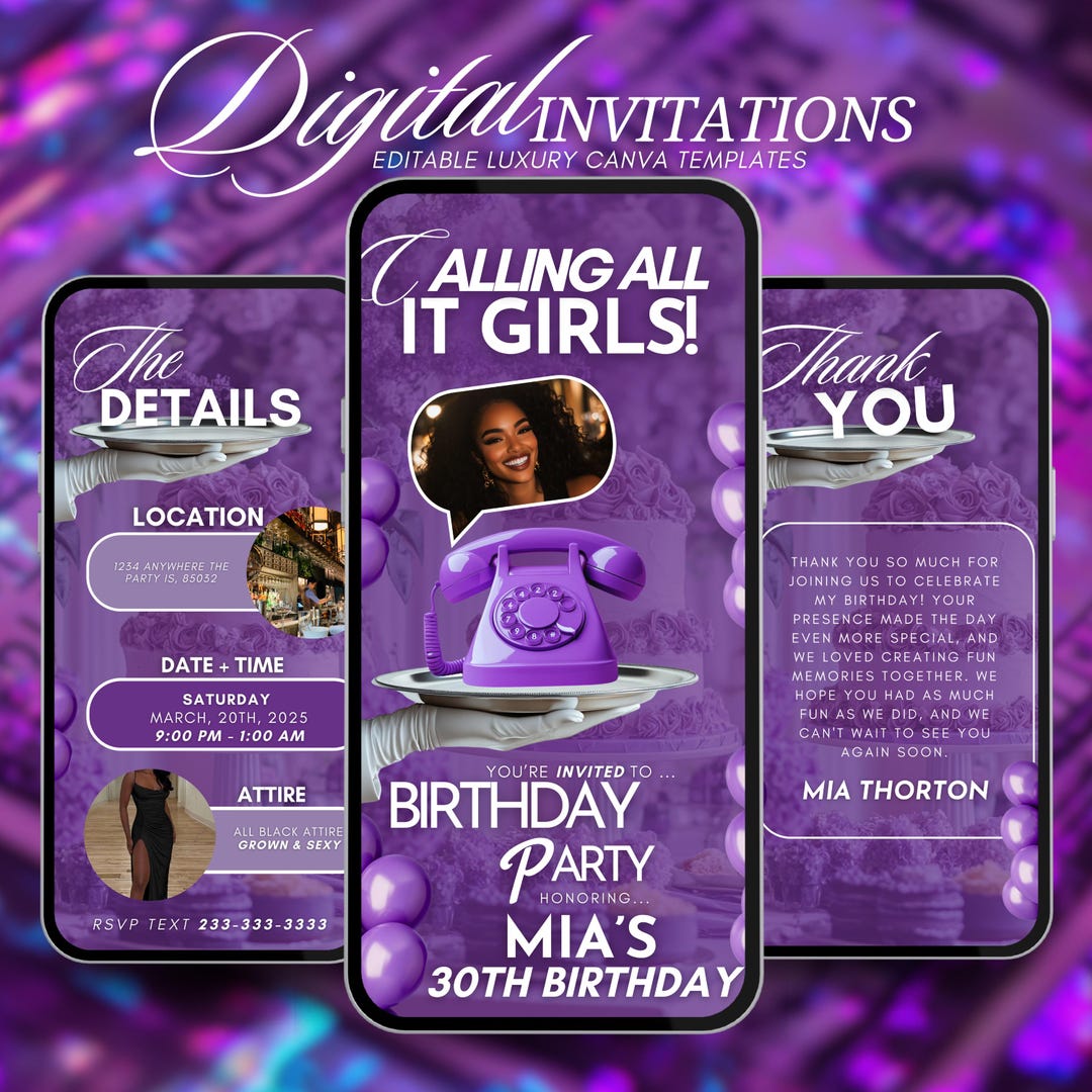 Purple Birthday Party Invitation, Digital Editable Invite Template ...
