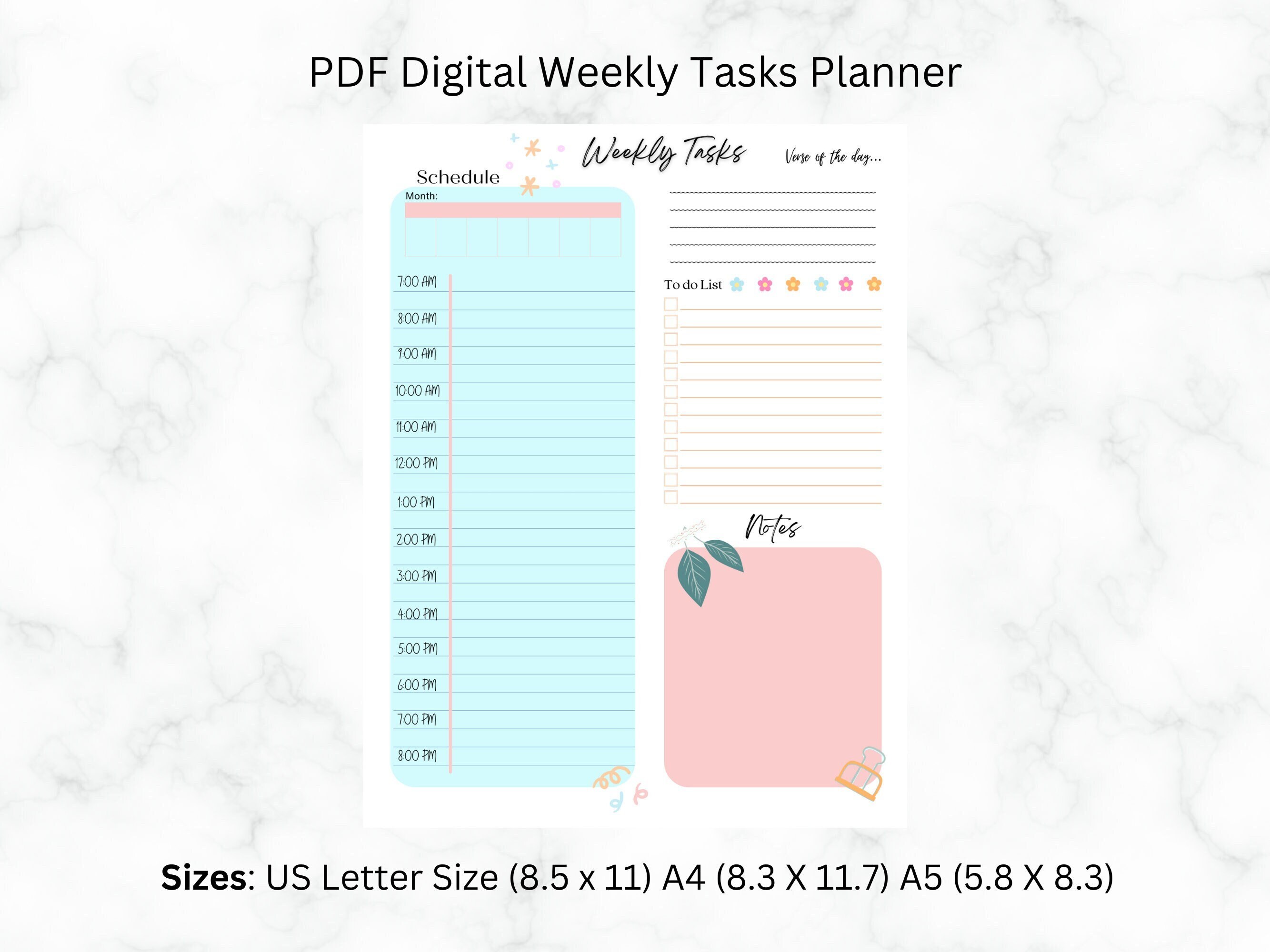 Weekly Task, Weekly Digital Download, Time Management Planner, Daily ...