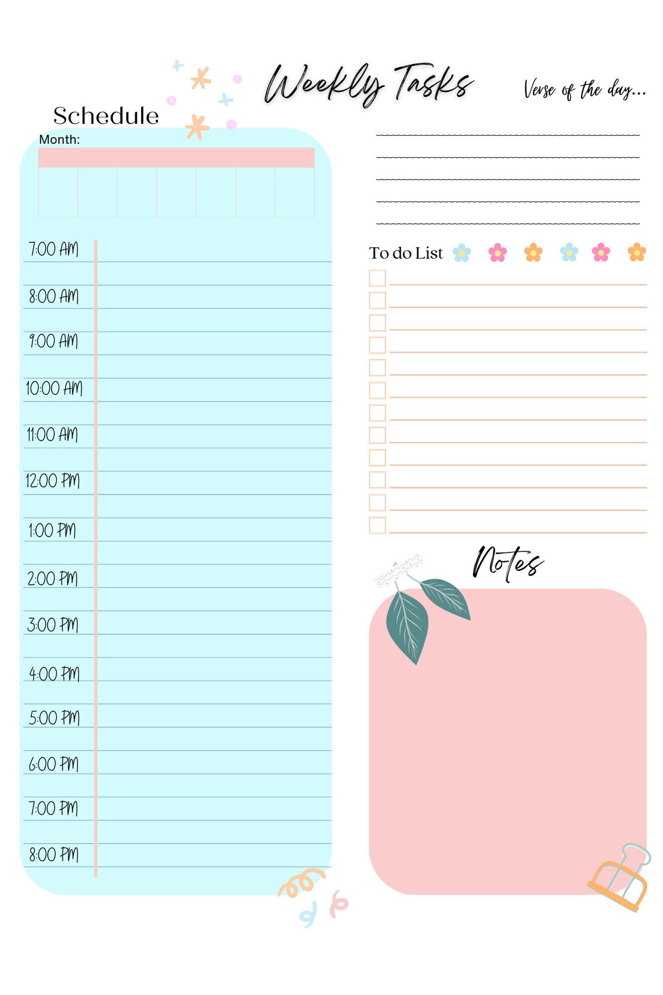 Weekly Task, Weekly Digital Download, Time Management Planner, Daily ...