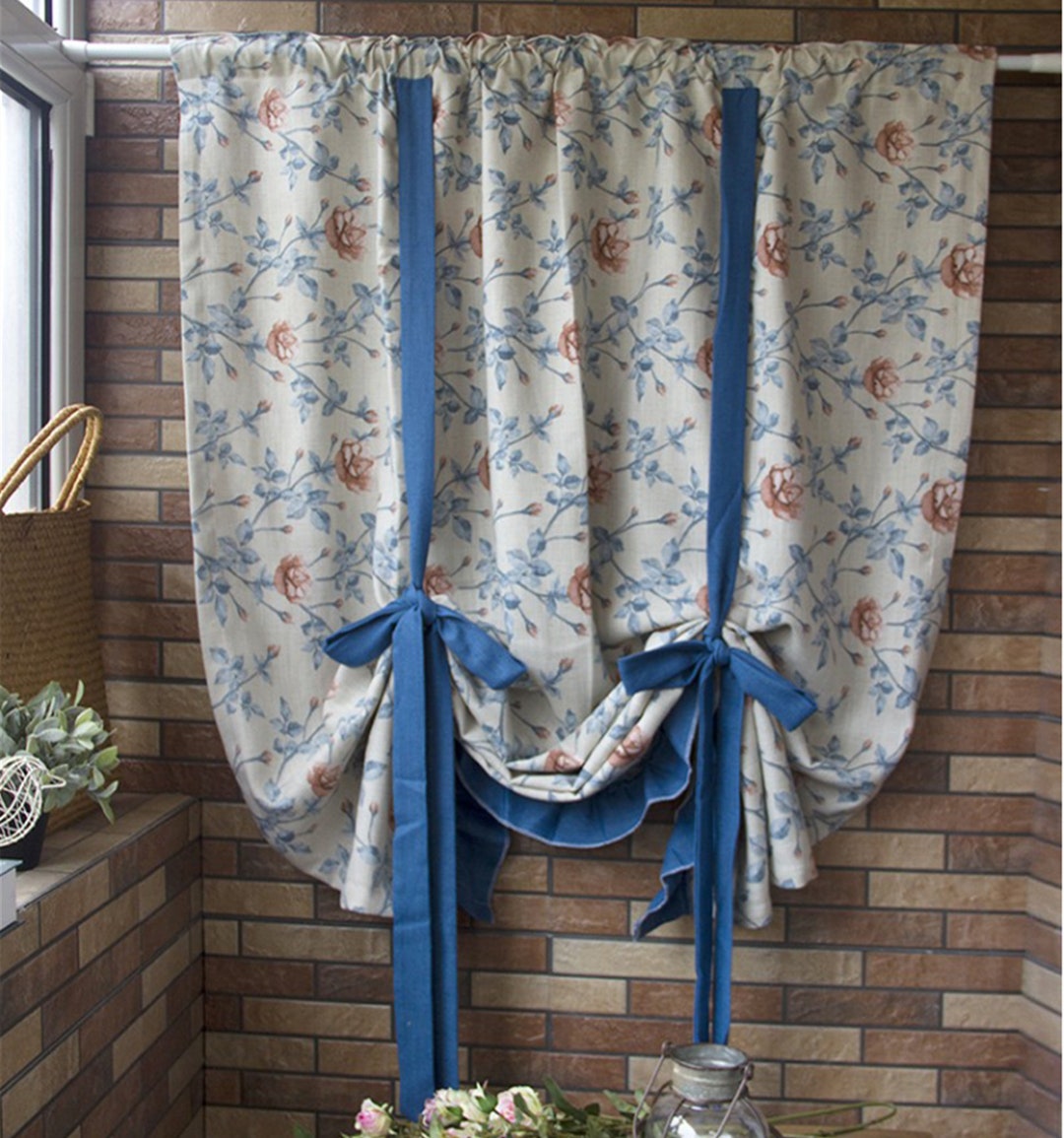 Blue Floral Window Curtain/ Retro Pull up Balloon Curtain/ - Etsy