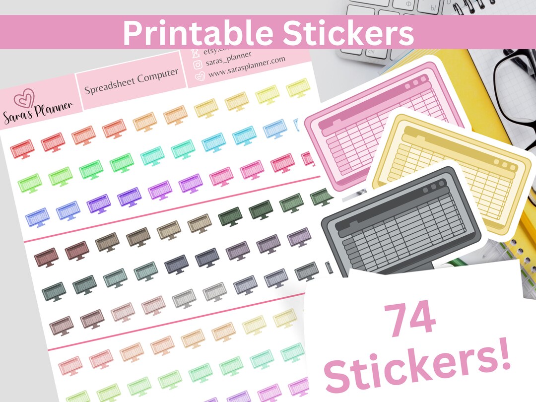 Printable Spreadsheet Computer Planner Stickers, Instant Download ...