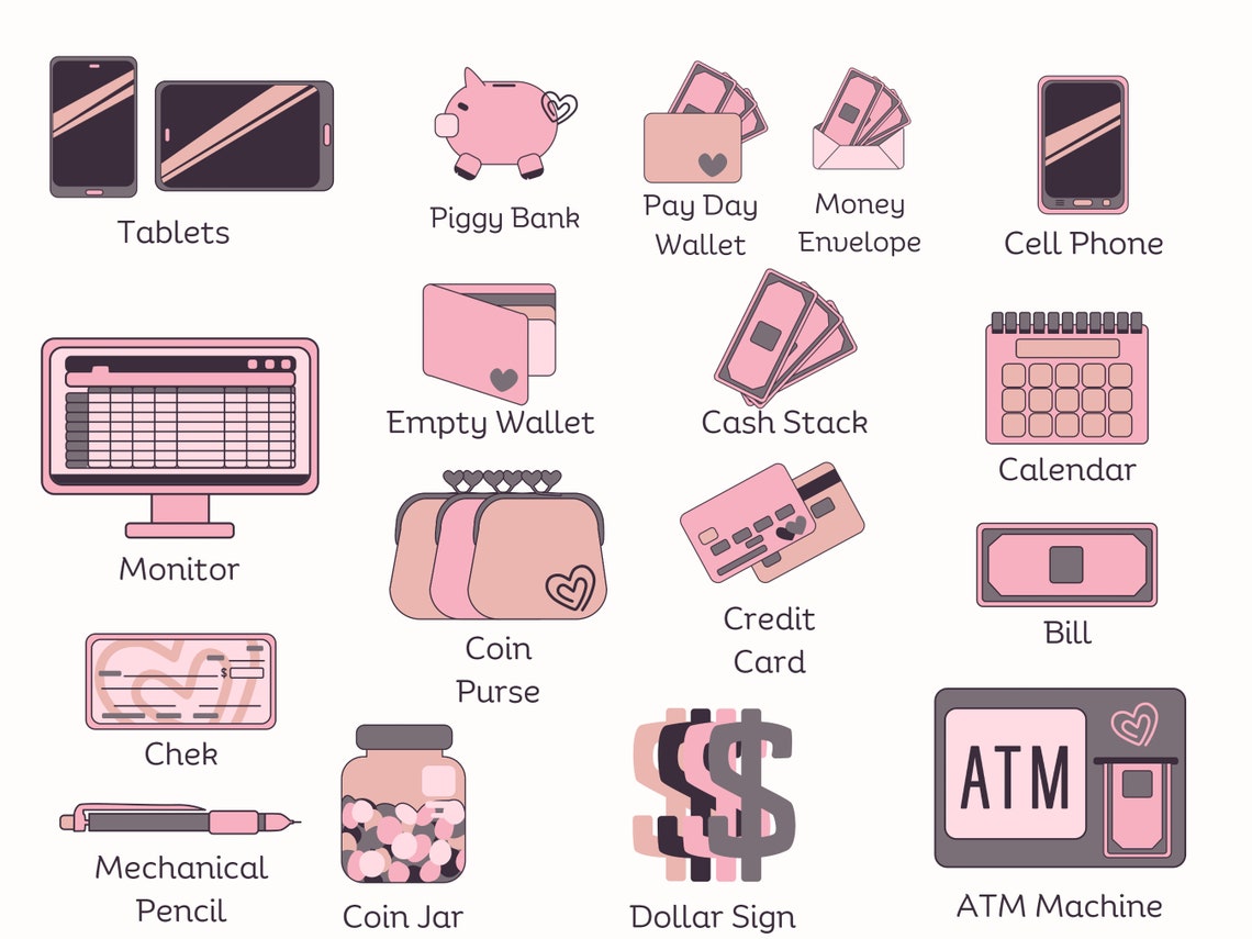 Pink Budget Clipart Bundle, Cute Money PNG, Money Icon SVG, Finance ...