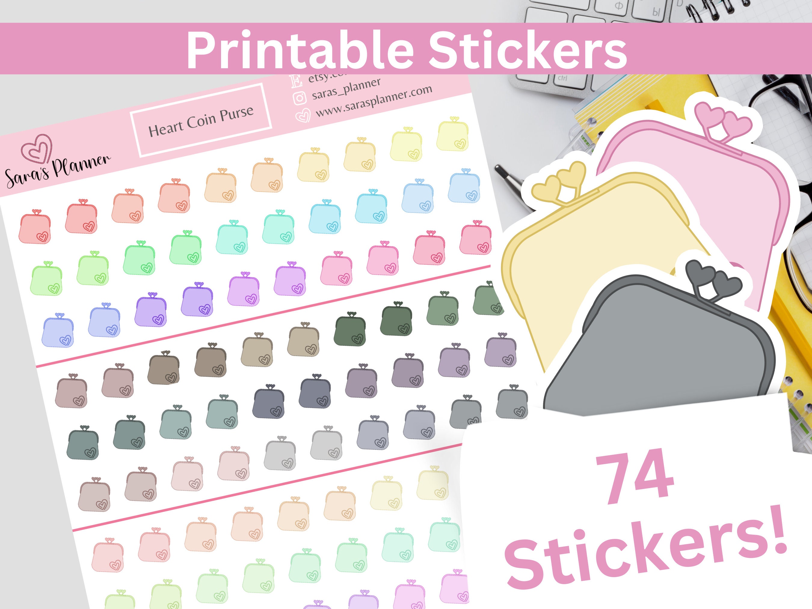 Printable Heart Coin Purse Planner Stickers, Instant Download ...