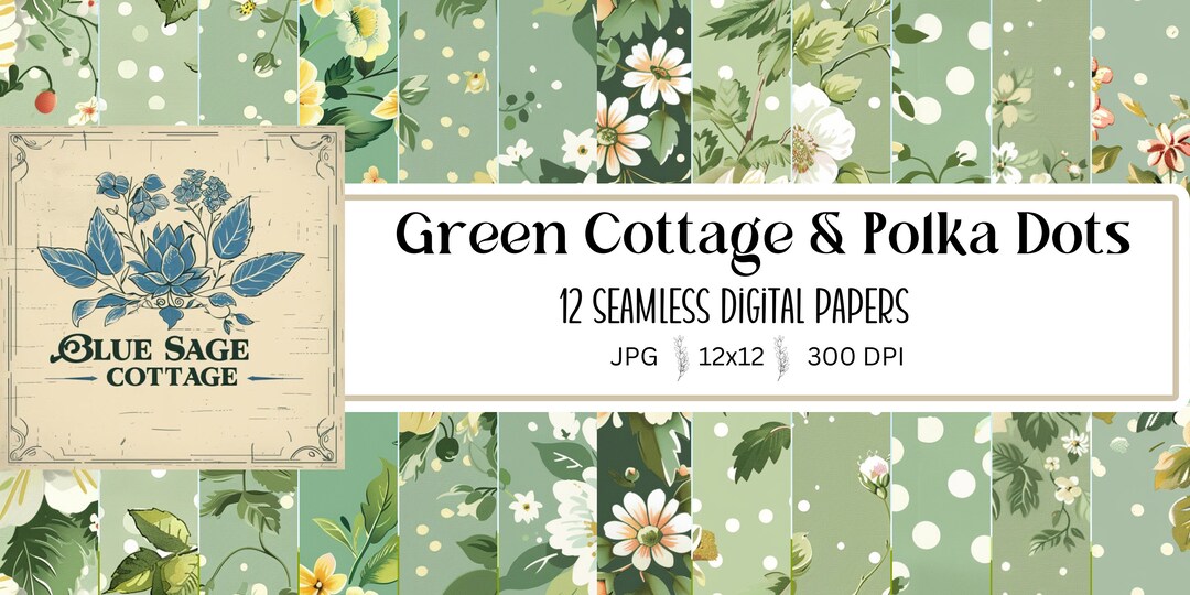 Vintage Green Floral & Polka Dot Cottage Core Watercolor Seamless ...