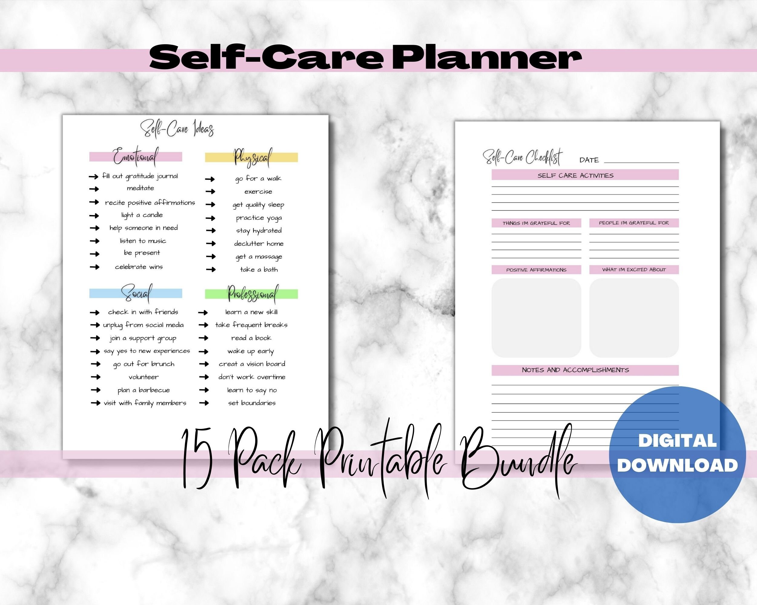 Self Care 6 Page Bundle for Mental Health and Wellness, Daily Well ...
