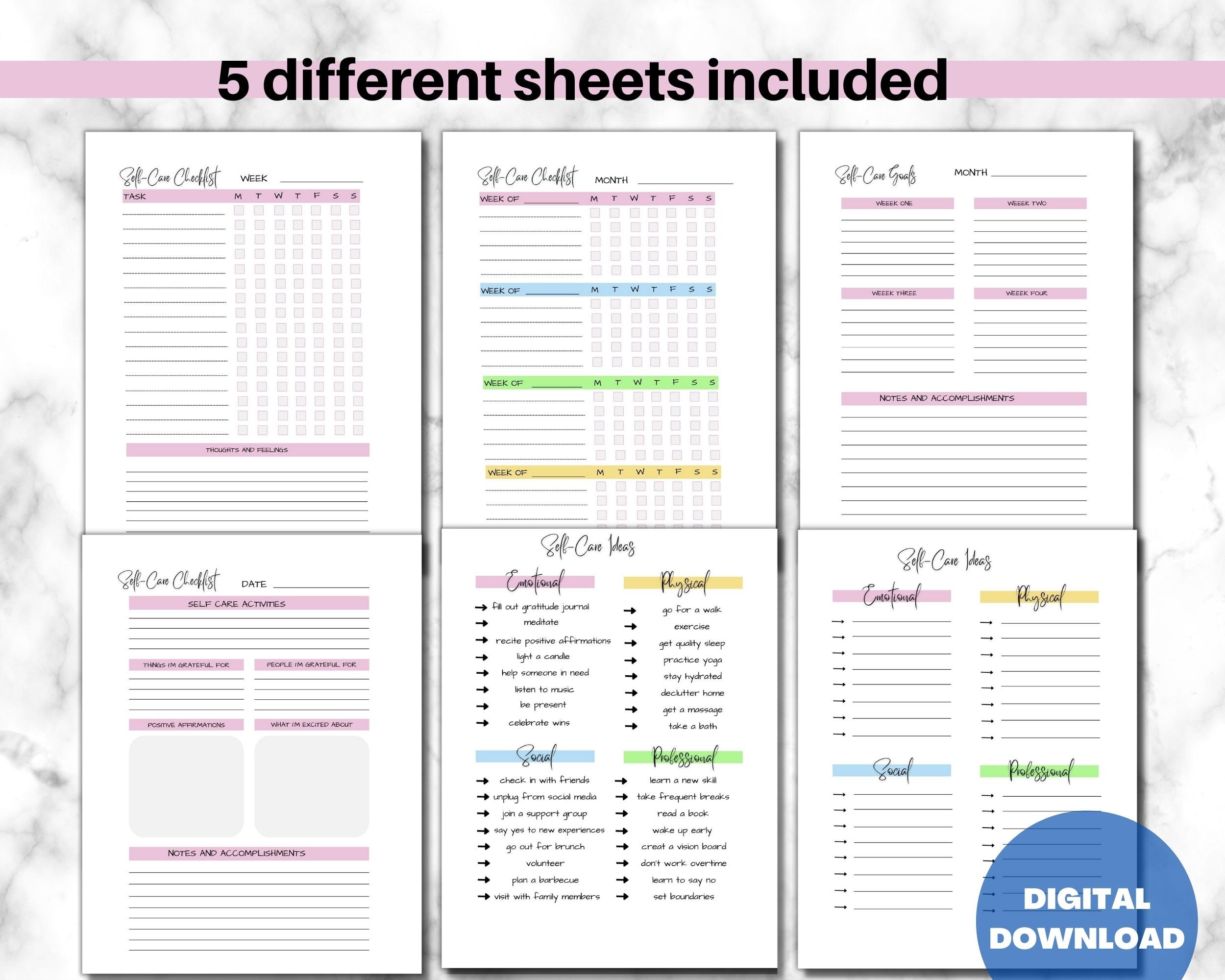Self Care 6 Page Bundle for Mental Health and Wellness, Daily Well ...