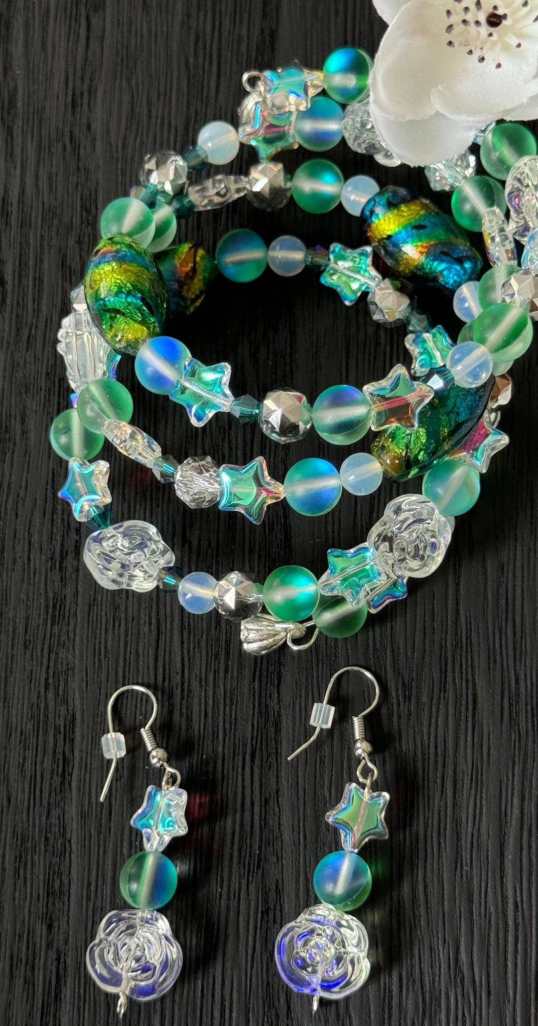 Mermaid Aura Glass Memory Wire Bracelet With Matching Earrings - Etsy