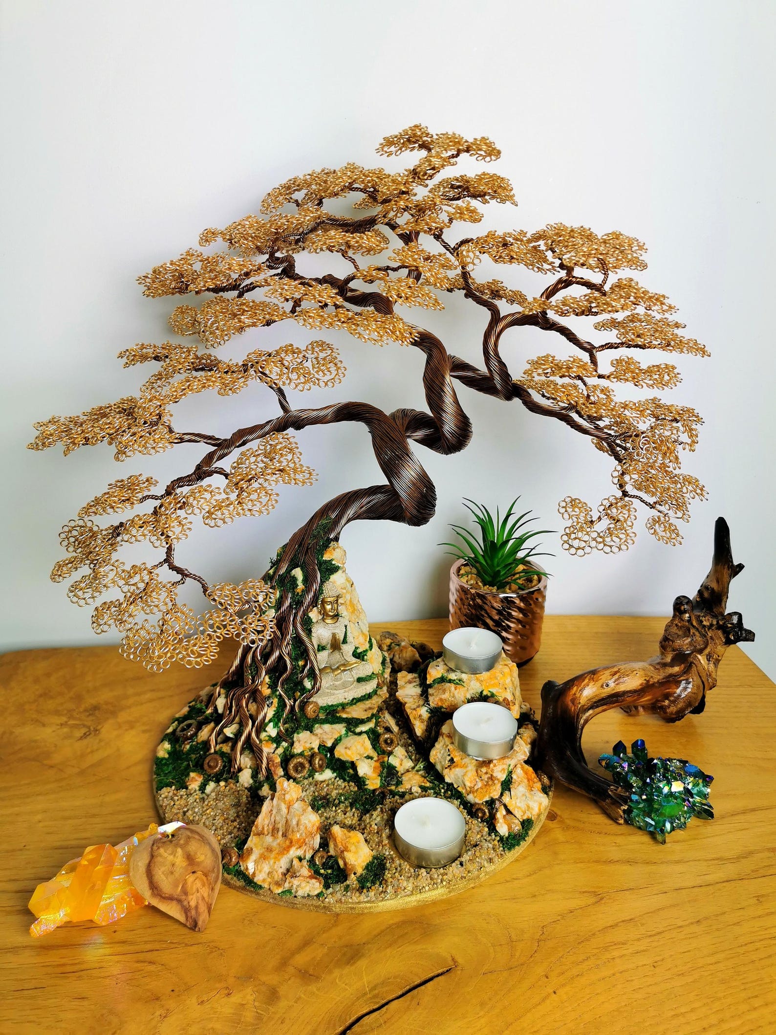 Golden Buddha Wire Bonsai Tree, Handmade Japanese Altar Decor (40cm/15 ...