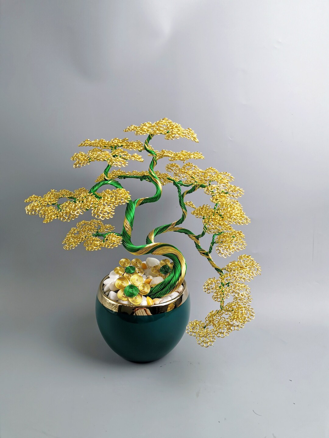 Green Gold Wire Bonsai Tree in Pot 30cm/11.8", Gold Aniversery, Desk ...
