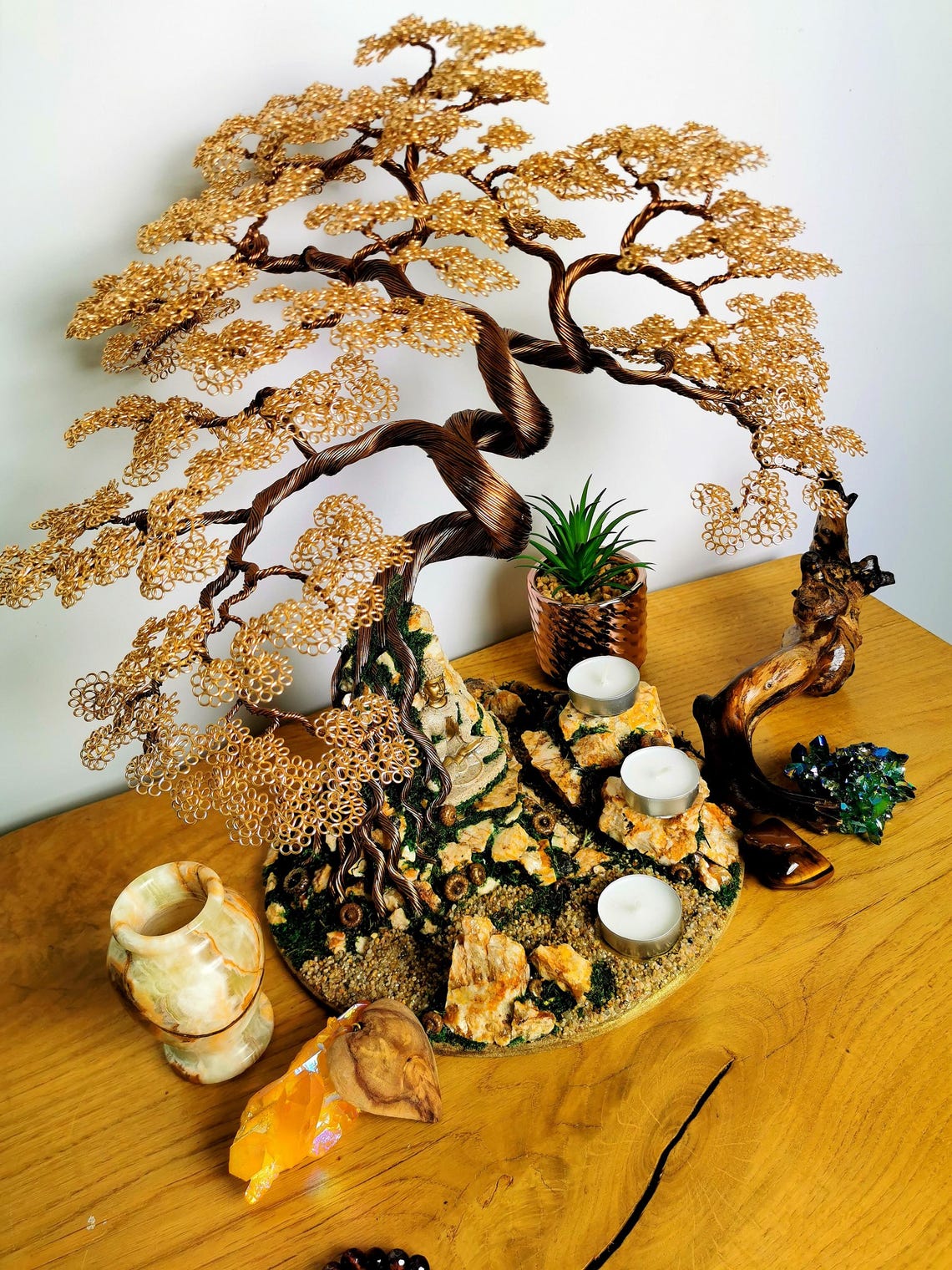 Golden Buddha Wire Bonsai Tree, Handmade Japanese Altar Decor (40cm/15 ...