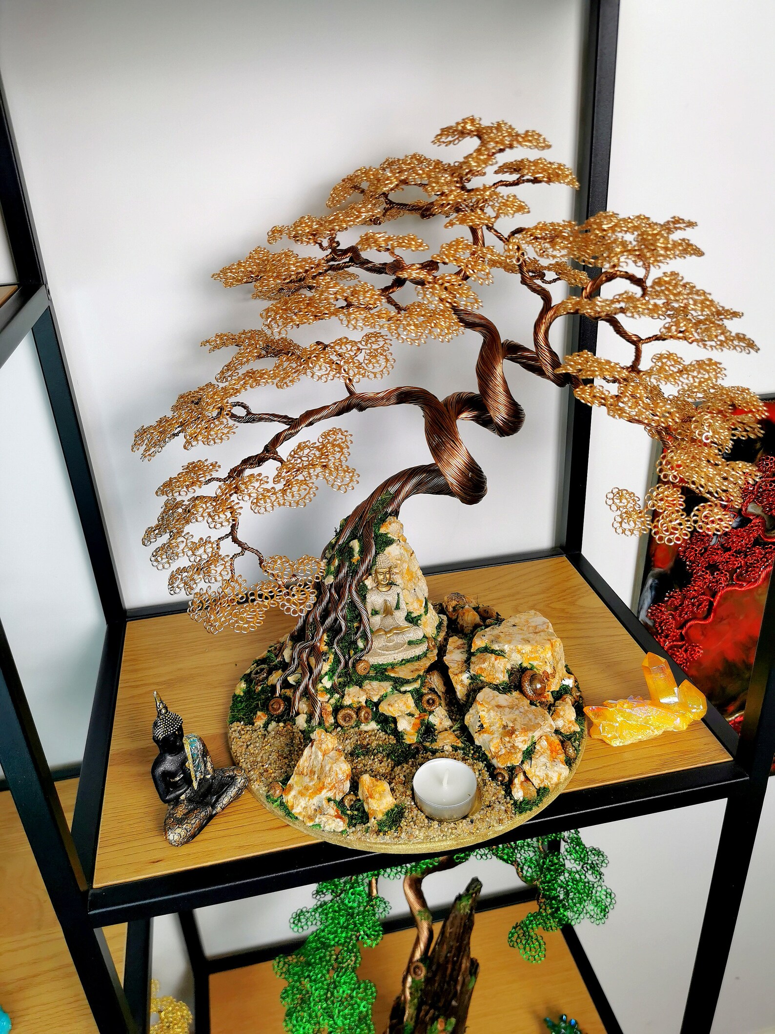 Golden Buddha Wire Bonsai Tree, Handmade Japanese Altar Decor (40cm/15 ...