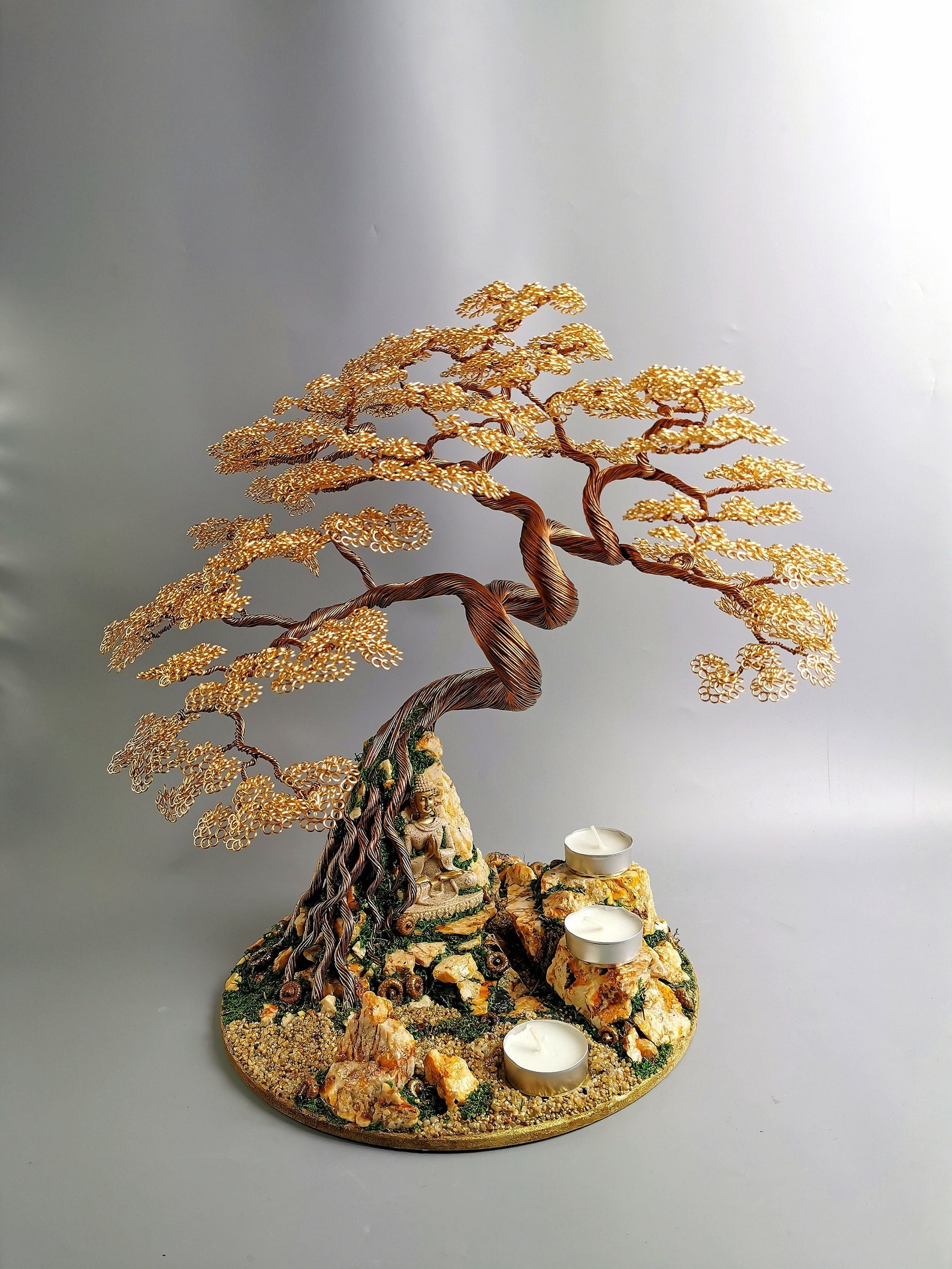 Golden Buddha Wire Bonsai Tree, Handmade Japanese Altar Decor (40cm/15 ...