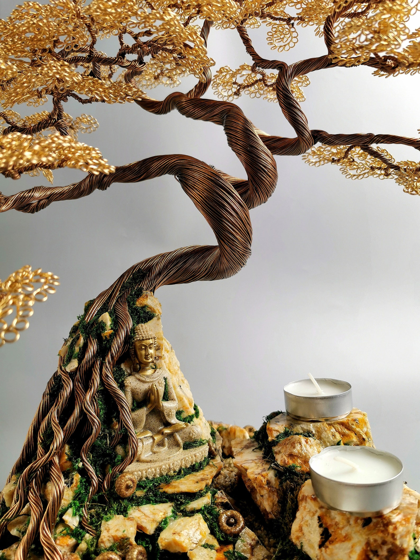 Golden Buddha Wire Bonsai Tree, Handmade Japanese Altar Decor (40cm/15 ...