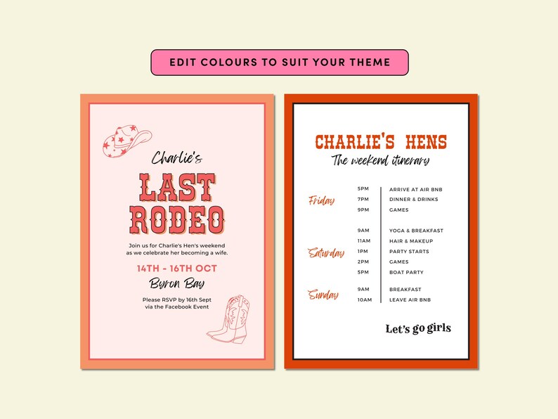 Hens Party Invitation & Itinerary, Bachelorette Invitation, Cowgirl ...