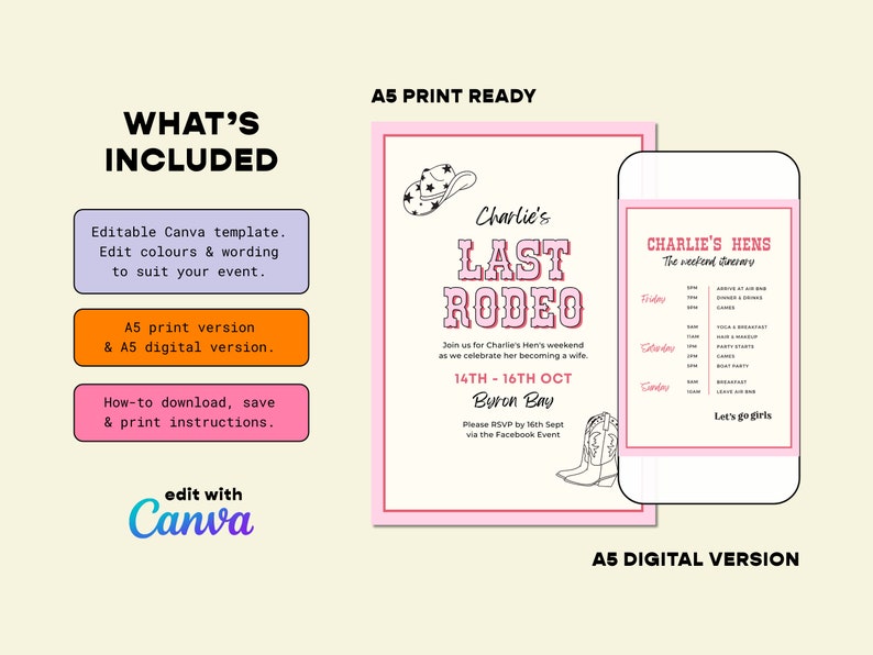 Hens Party Invitation & Itinerary, Bachelorette Invitation, Cowgirl ...