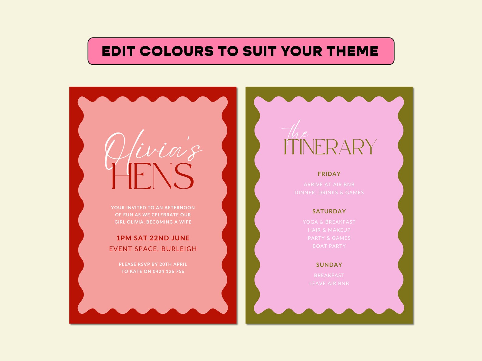 Hens Party Invitation & Itinerary, Bachelorette Stationary, Pink Wavy ...