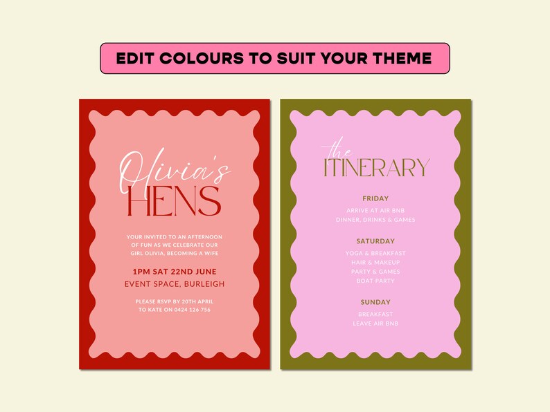 Hens Party Invitation & Itinerary, Bachelorette Stationary, Pink Wavy ...