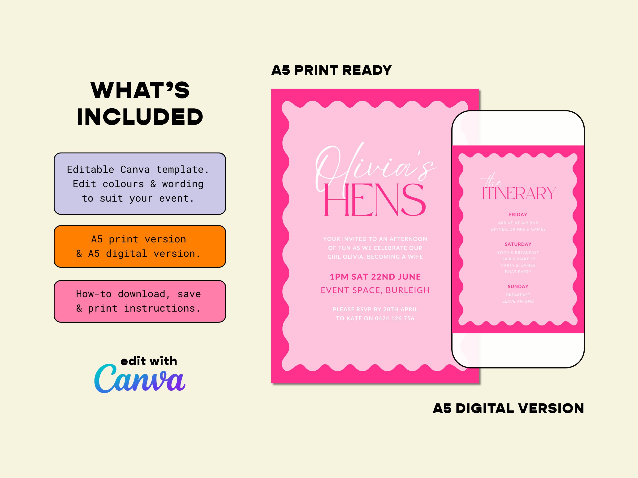Hens Party Invitation & Itinerary, Bachelorette Stationary, Pink Wavy ...