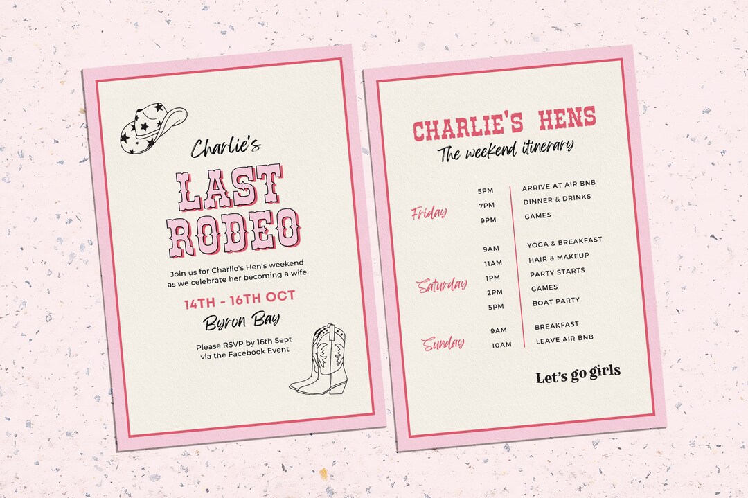 Hens Party Invitation & Itinerary, Bachelorette Invitation, Cowgirl ...